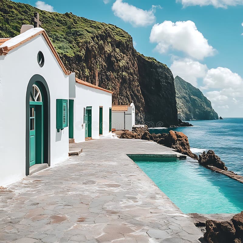 Coastal Chapel with Infinity Pool and Dramatic Cliffs Stock ...