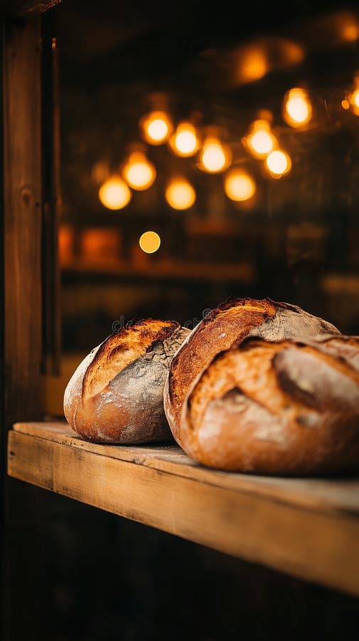 Artisan Bread Display in a Bakery Window Bathed in Soft Golden Light ...