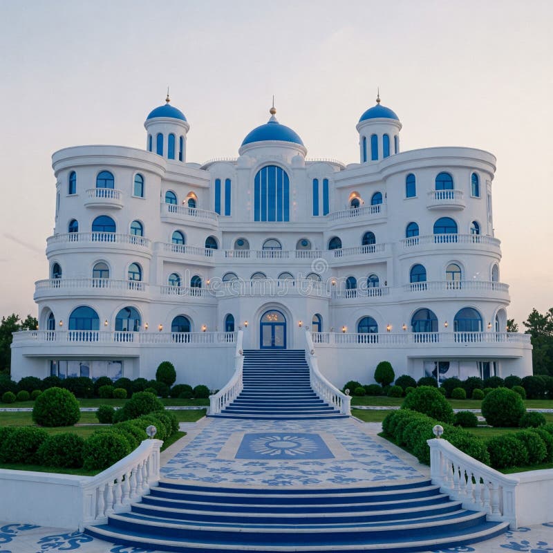 Luxurious White Mansion Featuring Sweeping Blue Staircase Stock ...