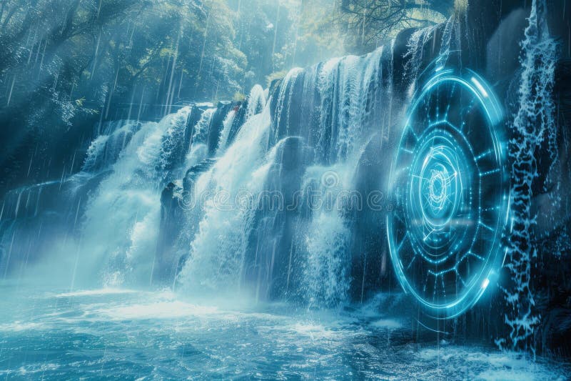 Futuristic Waterfall with Holographic Interface, Nature Meets ...