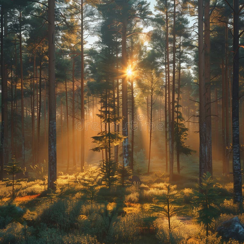 Golden Light Filtering through Tall Pine Trees in a Forest at Sunset ...