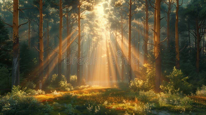 Golden Light Filtering through Tall Pine Trees in a Forest at Sunset ...