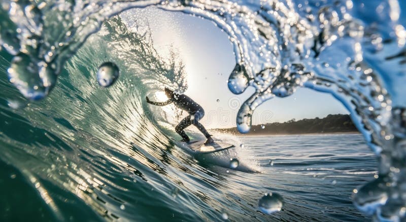 Surfer Riding Wave Barrel, Water Droplets View Stock Illustration ...