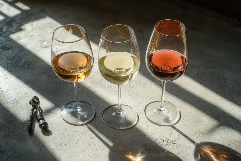 Three Glasses of White, Rosé, and Red Wine with Corks Stock Photo ...