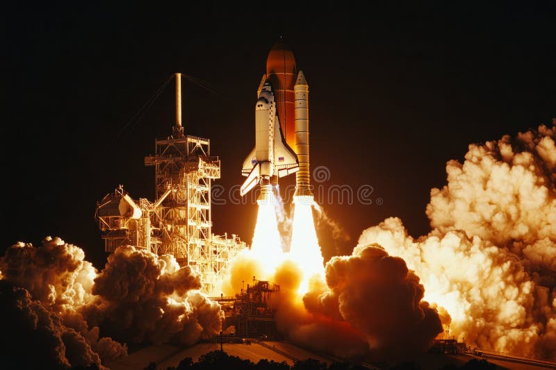 A Spectacular Rocket Launch Scene at Night. Bright Flames and Smoke ...