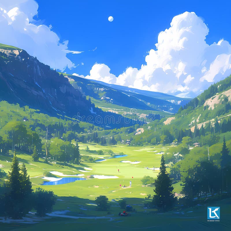 Elevated View of Golf Course and Mountains Stock Illustration ...