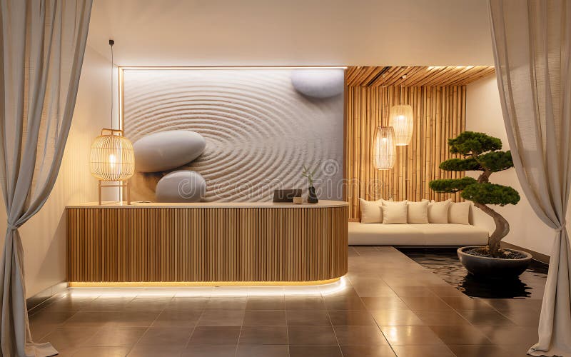 Serene Spa Reception with Zen-Inspired Interior Design Stock ...