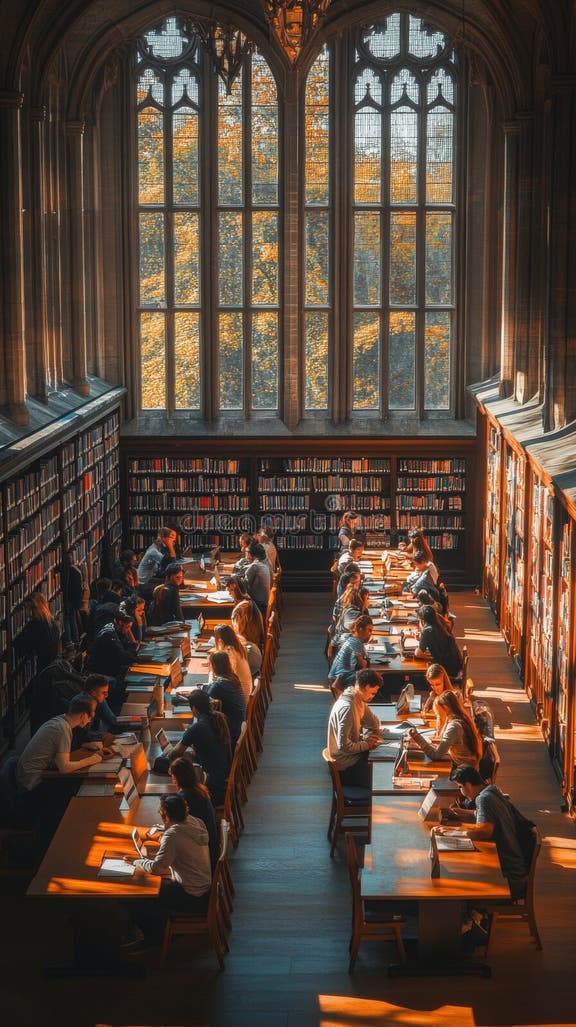 A Serene Library Filled with Focused Students Immersed in Their Studies. Sunlight Spills through ...