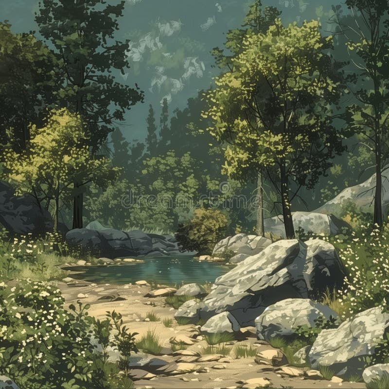 Mountain Stream Flows through Forest Clearing Lush Greenery Sunlit ...