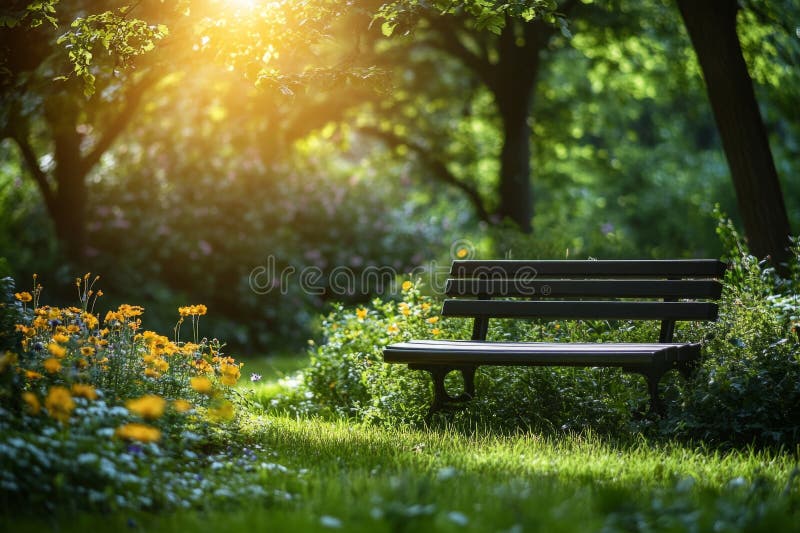 A Serene Wooden Bench Nestled in a Lush Green Garden. Sunlight Breaks ...
