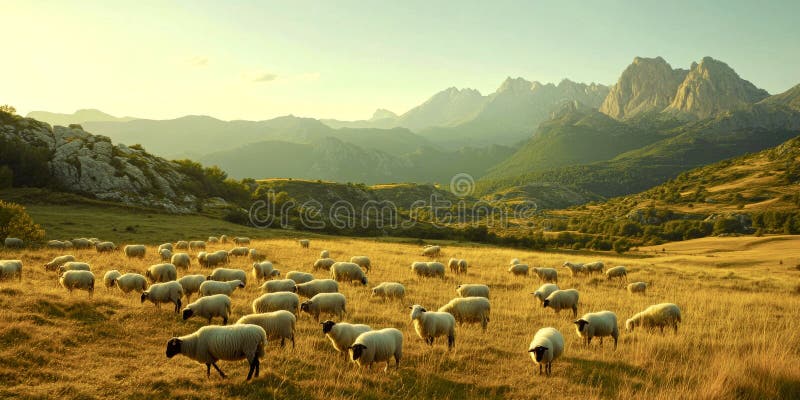 A Peaceful Landscape Filled with Grazing Sheep. the Sun Shines Gently ...