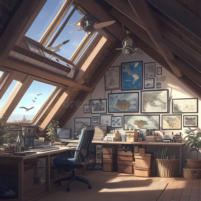 Sunlit Attic Workspace Modern Home Office Computer Desk Stock Photos ...