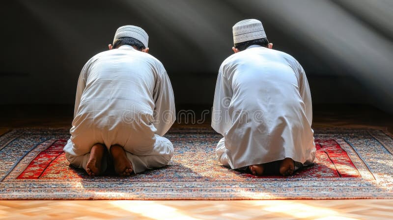 Two Men Praying in a Mosque Illuminated by Gentle Light Beams Stock ...