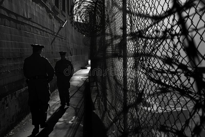 Prison Yard Security: Two Guards Patrolling Inside Razor Wire-enclosed ...