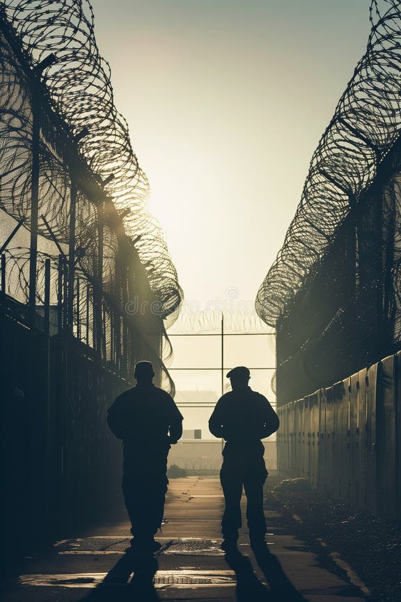 Prison Yard Security: Two Guards Patrolling Inside Razor Wire-enclosed ...