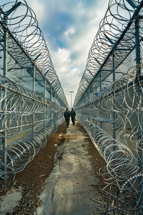 Prison Yard Security: Two Guards Patrolling Inside Razor Wire-enclosed ...