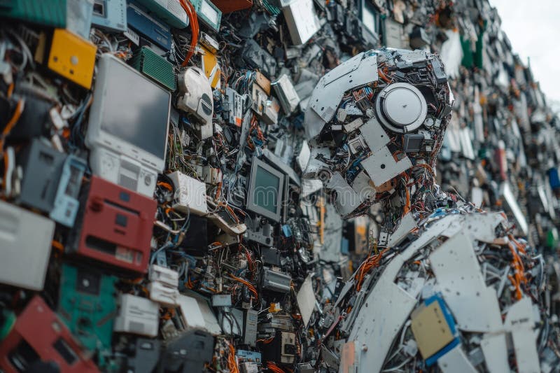 A Futuristic Robot Made from Old Electronics Stands among a Backdrop of ...