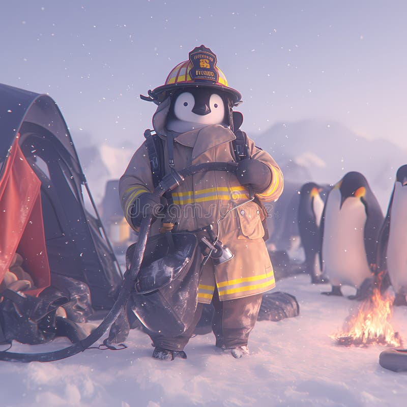 Penguin Firefighter on Duty Stock Illustration - Illustration of goal ...