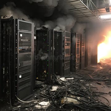 Flames and Smoke Billowing from Burning Server Racks Stock Photo ...
