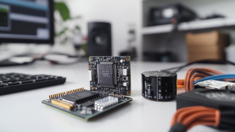 A Close-up View of Circuit Boards and Chips on a Tech Desk. the ...