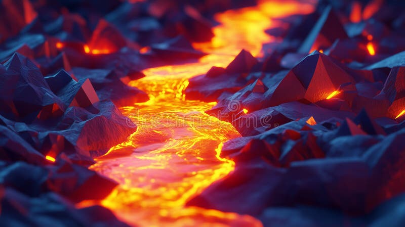 Vibrant Molten Lava Flow with Geometric Black Rocks Abstract Landscape ...