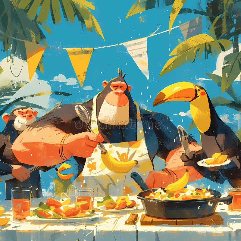 Cooking with Friends in the Jungle Stock Illustration - Illustration of ...