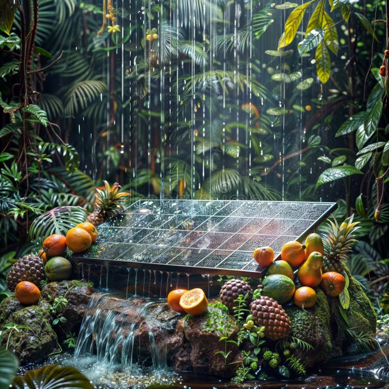Tropical Solar Cascade: Fresh Fruits and Flowing Water Highlight Eco ...