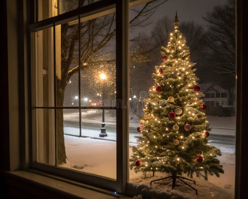 Welcome Home Christmas Tree in Window. a Brightly Decorated Christmas ...