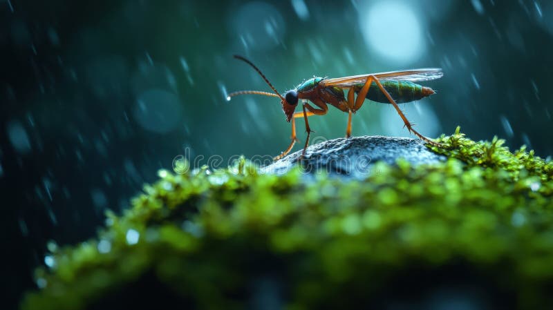 A Wasp Stands on a Mossy Rock in the Rain, Showcasing Nature S ...