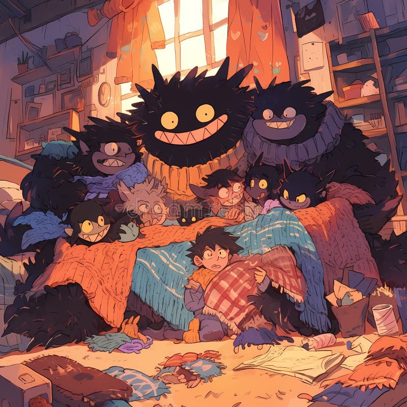 Cozy Night in with Monsters Stock Illustration - Illustration of warmth ...