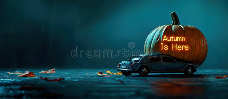 A Small Car Carries a Large Pumpkin Adorned with Glowing Text "Autumn ...