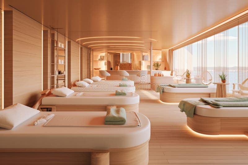 An Image Capturing a Luxurious Spa Setting with a Sauna, Massage Beds ...