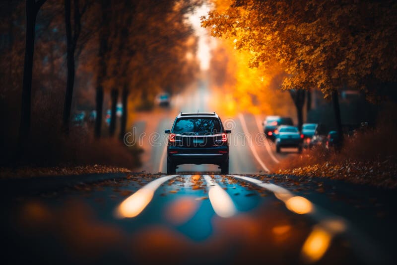 An Image of Car Driving Down Road in the Fall. Generative AI Stock ...