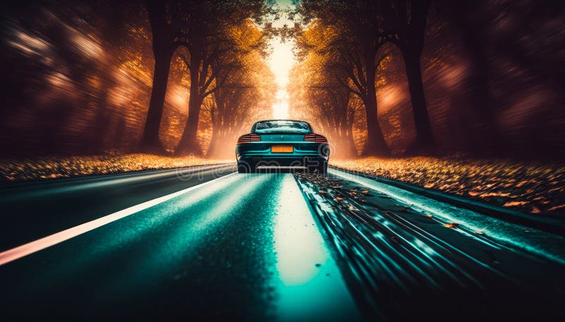An Image of Car Driving Down Road in the Woods. Generative AI Stock ...