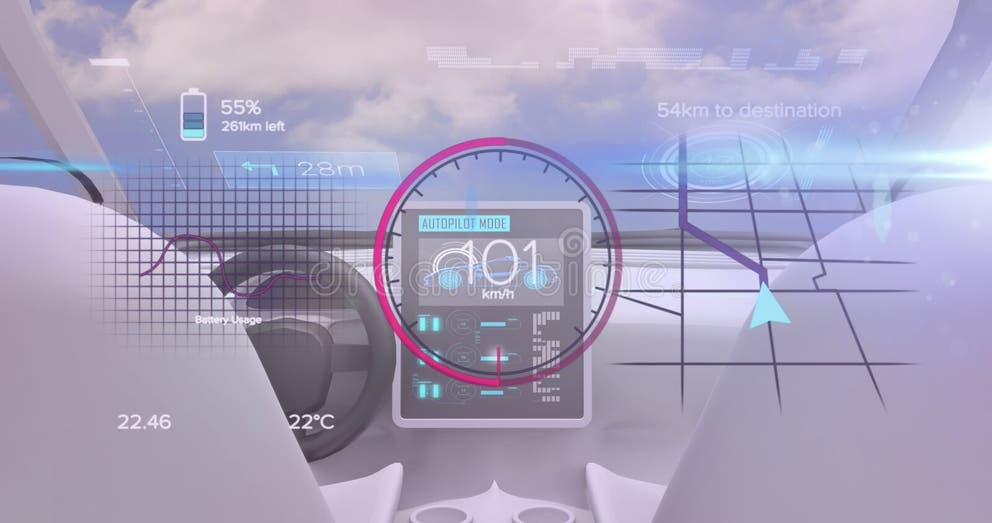 Image of Car Interface Screen Over Self Driving Car Interior and Sky ...