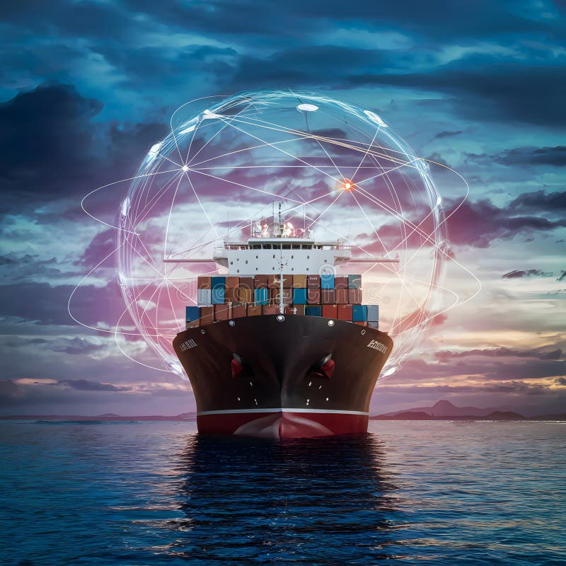 Image Cargo Ship with Global Network Connection, Modern Transportation ...