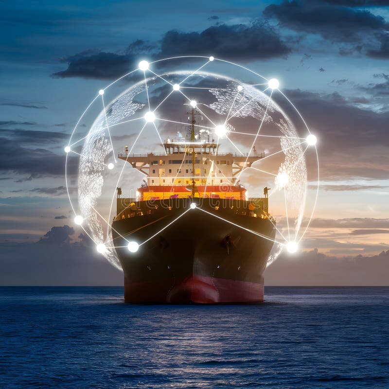 Image Cargo Ship with Global Network Connection, Modern Transportation ...