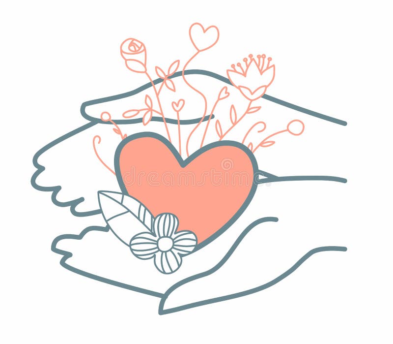 Image of Caring Hands that Hold a Heart with Flowers. Vector ...