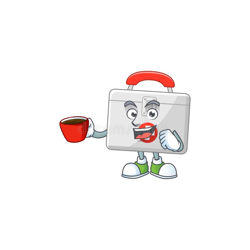 An Image Cartoon Character of First Aid Kit with a Cup of Coffee Stock ...