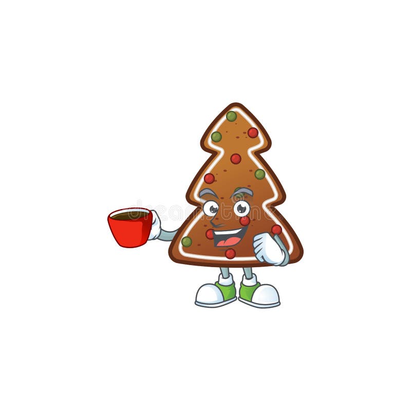 An Image Cartoon Character of Gingerbread Tree with a Cup of Coffee ...