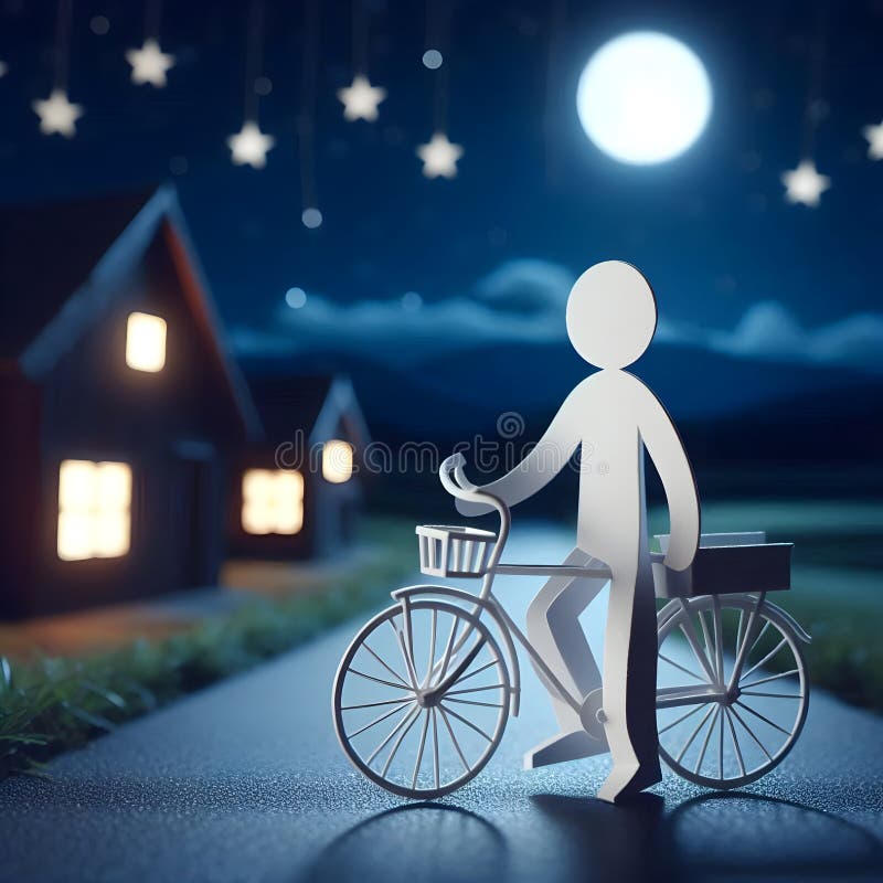 Image of Cartoon Paper Stick Figure Man Cartoon Riding Bicycle at Night ...