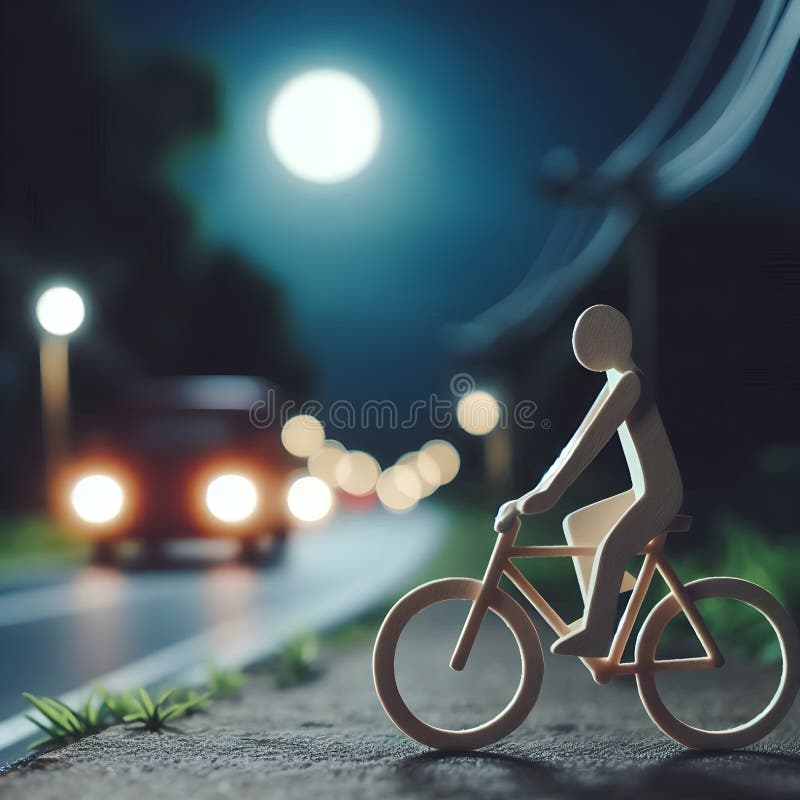 Image of Cartoon Paper Stick Figure Man Cartoon Riding Bicycle at Night ...