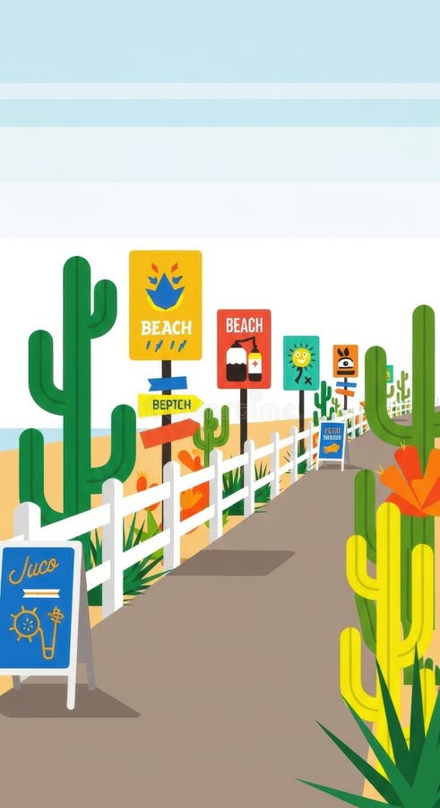 Beach Pathway with Colorful Cacti and Signposts Stock Illustration ...