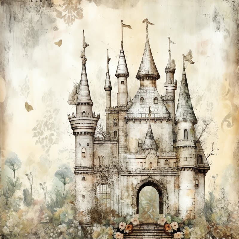 Castle Fantasy Old Paper, Junk Journal Digital Paper Stock Illustration ...