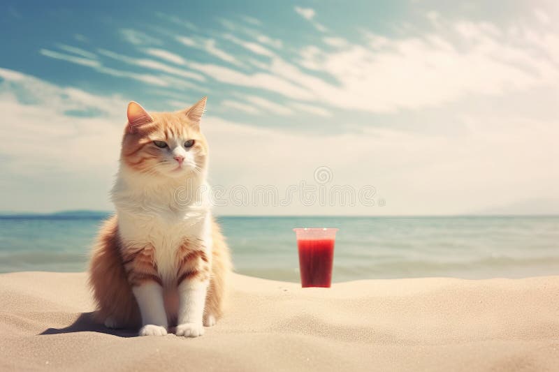 Image of a Cat on the Beach Stock Illustration - Illustration of kitten ...