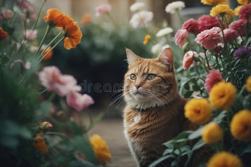 An Image of a Cat in a Garden Where Flowers Bloom Stock Photo - Image ...