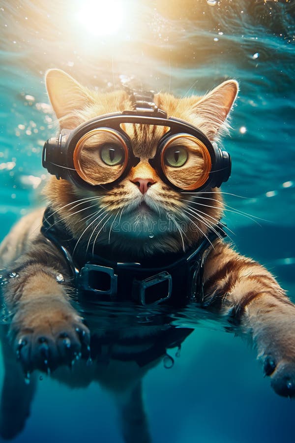Image of Cat Wearing Goggles and Floating in Pool of Water Stock ...