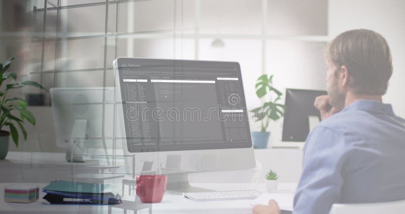 Image of Caucasian Businessman Using Computer and People Walking Stock ...