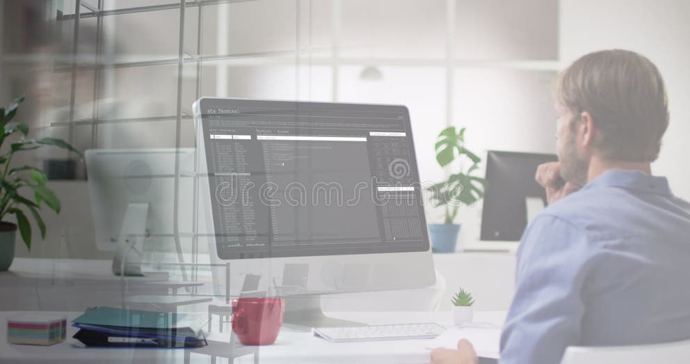 Image of Caucasian Businessman Using Computer and People Walking Stock ...