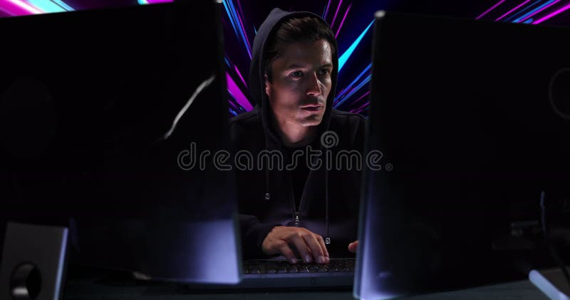 Image of Caucasian Male Hacker Over Pink and Blue Neon Light Trails ...